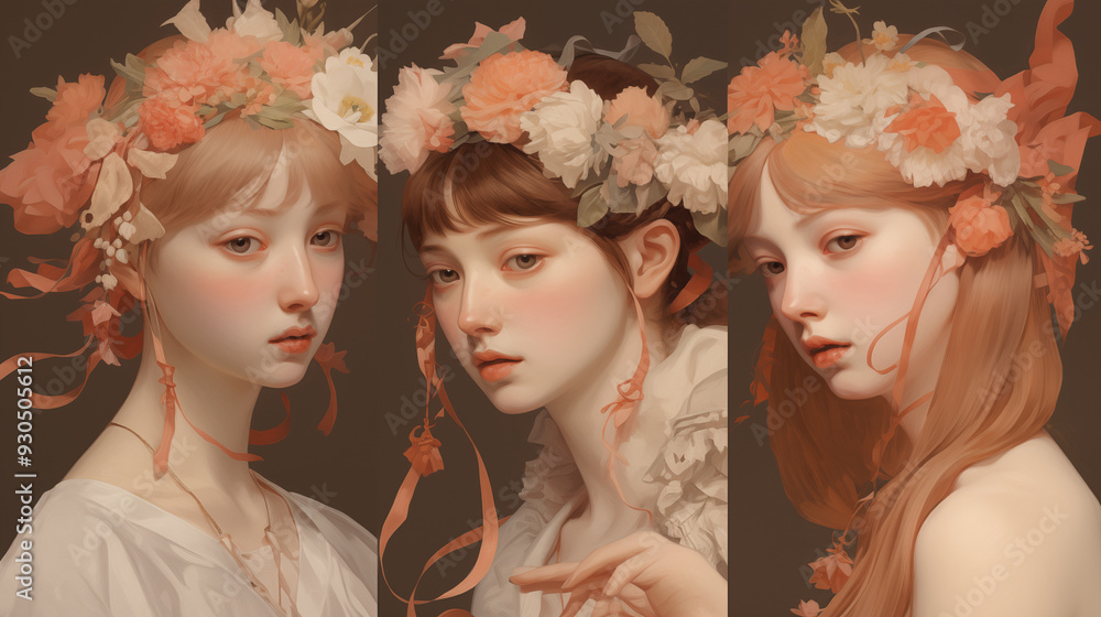 Three women with delicate retro features and flower crowns in a ...