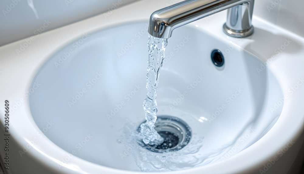 Water drains from tap into the sink in bathroom. Spinning water modern ...