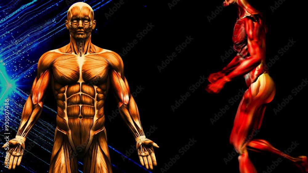 Muscular System upper body animation, with alpha. Camera rotation showing all the muscles, in ...