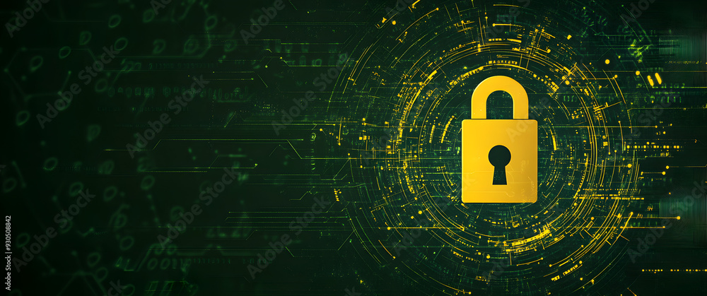 "Digital Background Featuring a Yellow Lock and Binary Code, Representing Cybersecurity and Data ...
