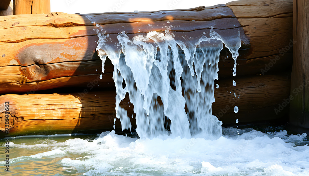 Overflowing water cascading from rustic wooden sluice log flume chute ...
