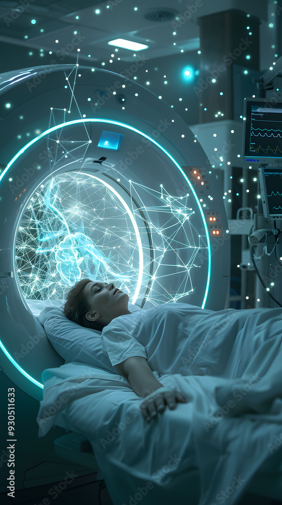 Patient undergoing CT scan with digital overlay in a modern medical ...