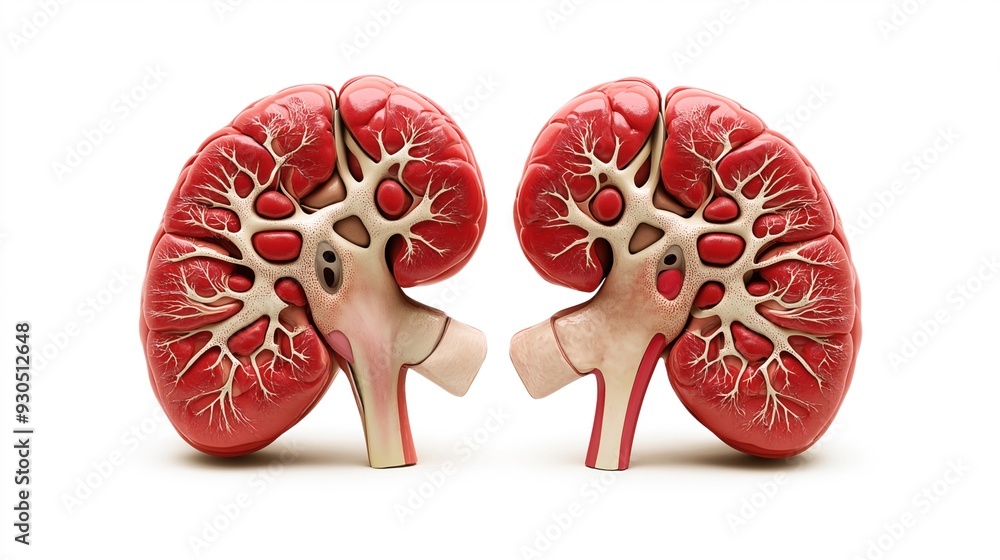 Detailed anatomical illustration of two human kidneys showing internal ...