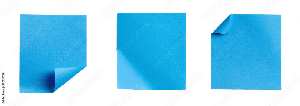 Collection of three blue sticky notes with curled corners isolated on a ...