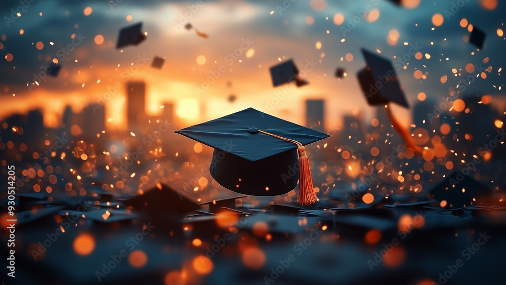 Artistic image of a graduation cap displayed against a blurred backdrop ...
