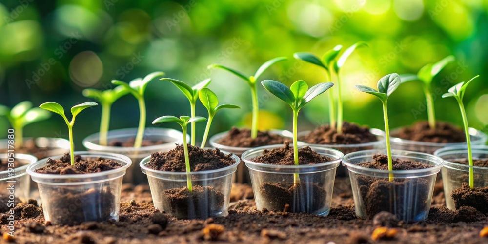 Close-up of seedlings and sprouts growing in different containers with ...
