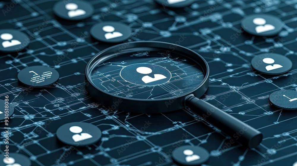 A magnifying glass highlights a person icon amidst a network of digital ...