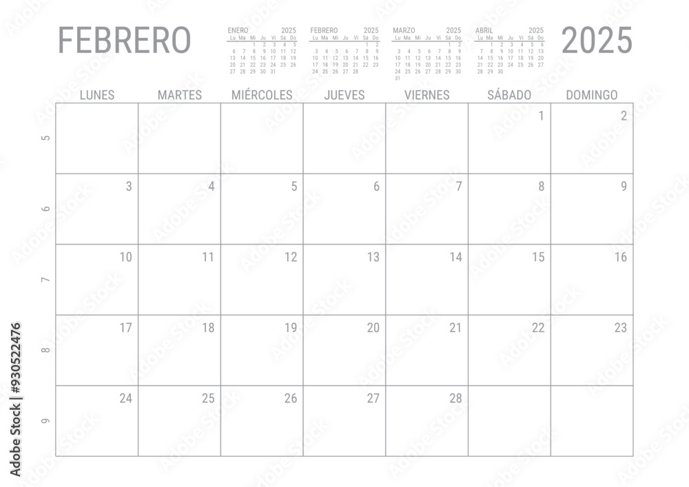 Febrero Calendario 2025 Mensual para imprimir con numero de semanas A4 ...