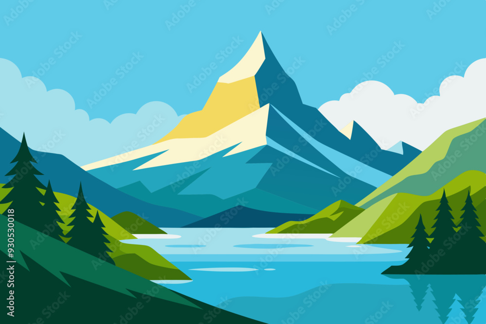 Sunny Summer Morning at Grindjisee Lake Vector | Swiss Alps Zermatt ...