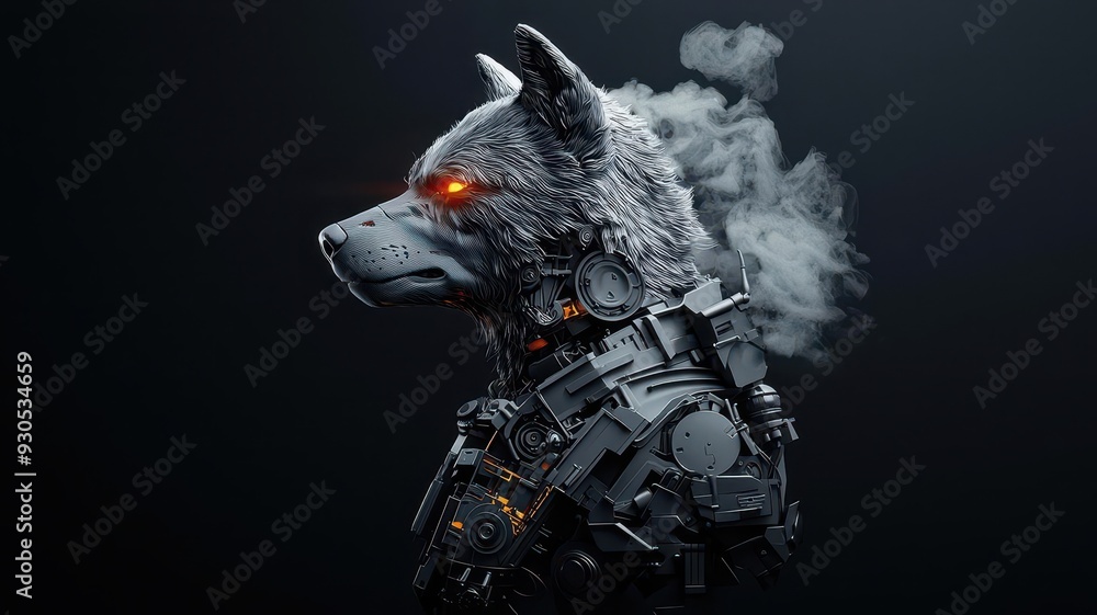 Steampunk werewolf with metallic fur and glowing red eyes, steam rising ...