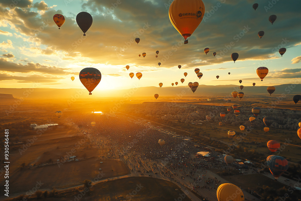 Balloon Fiesta, at sunset and beautiful scenery, view from above with ...