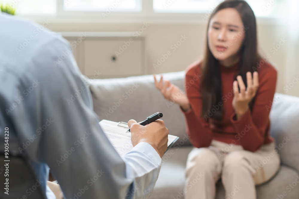 Psychology, depression. Sad asian young woman consultation with ...