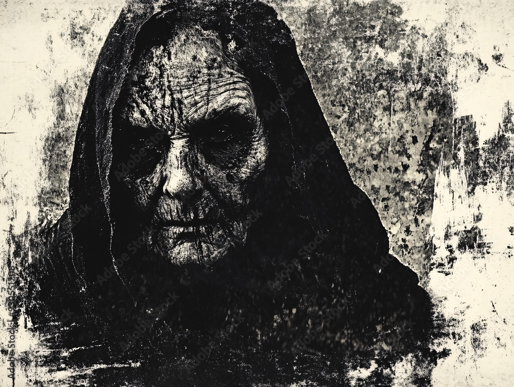 Chilling black and white image of an eerie witch-like figure with ...