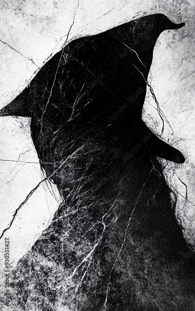 Chilling black and white image of an eerie witch-like figure with ...