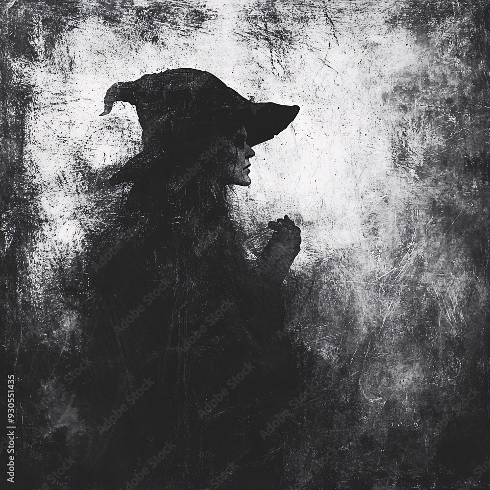 Chilling black and white image of an eerie witch-like figure with ...