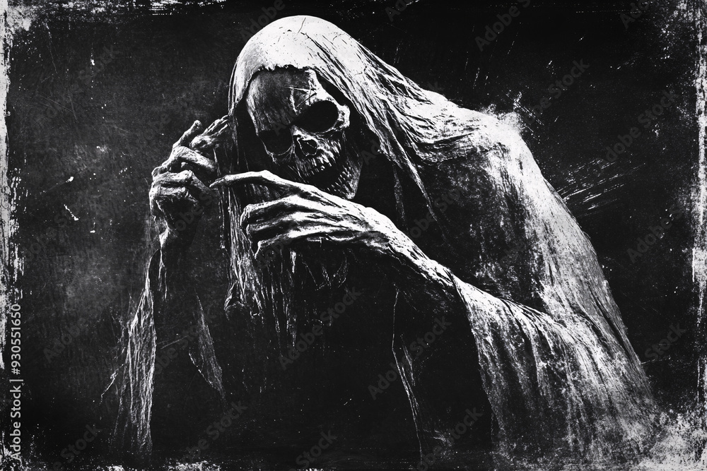 Chilling black and white image of an eerie witch-like figure with ...