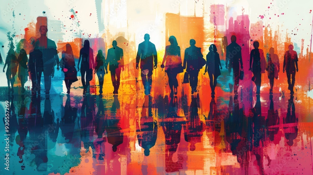 Silhouettes of people walking in a colorful abstract cityscape. The ...