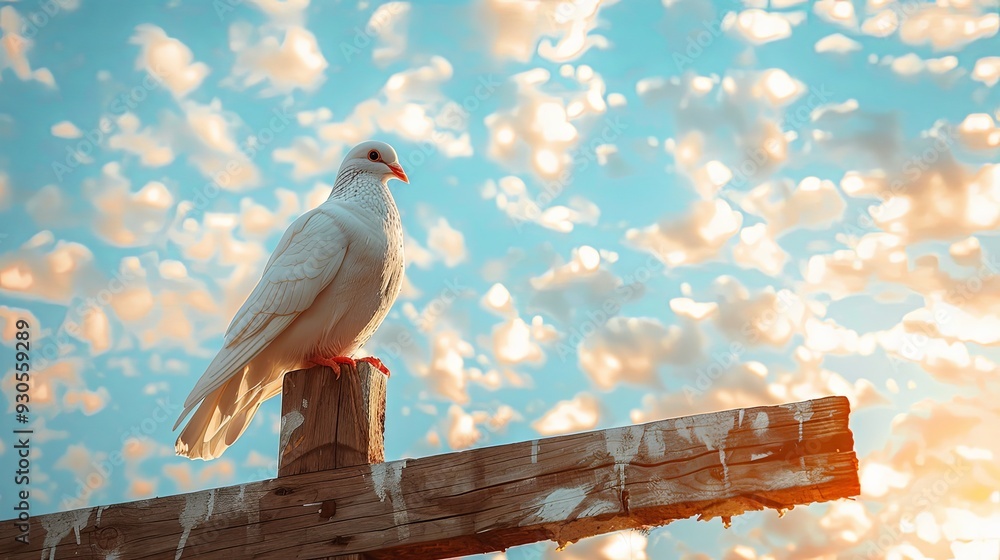 White dove bird symbolizing Holy Spirit standing on wooden cross in the ...