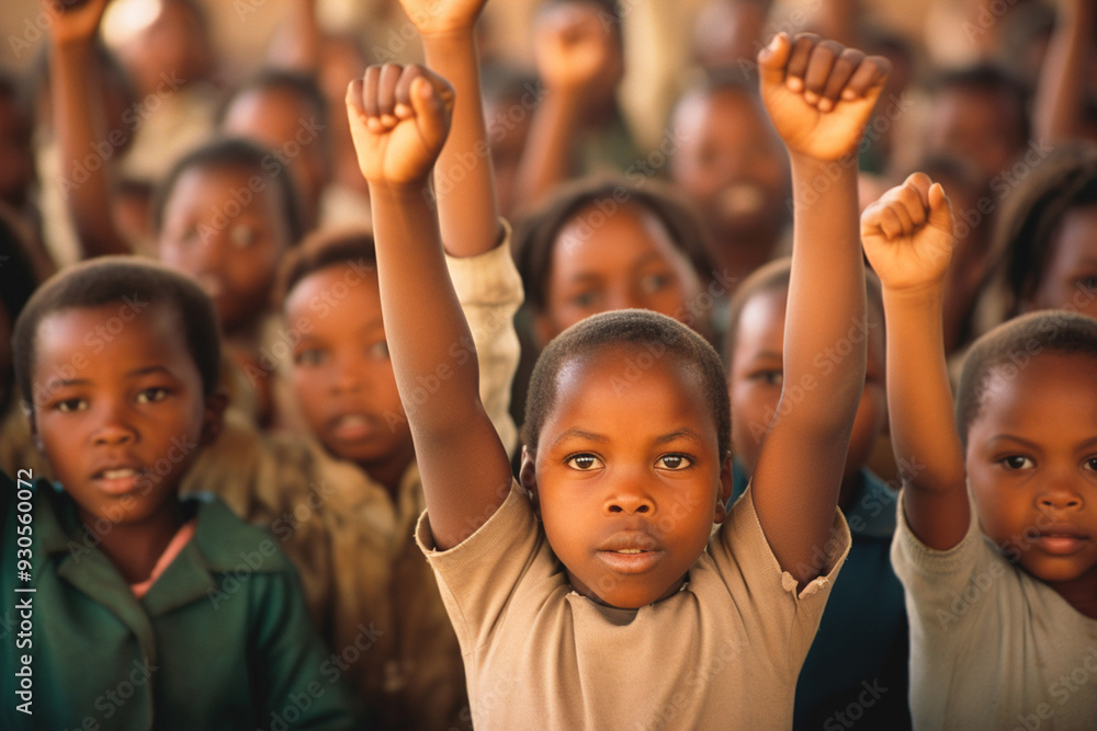 Black children show a raised fist in a symbol against racism. Combating ...