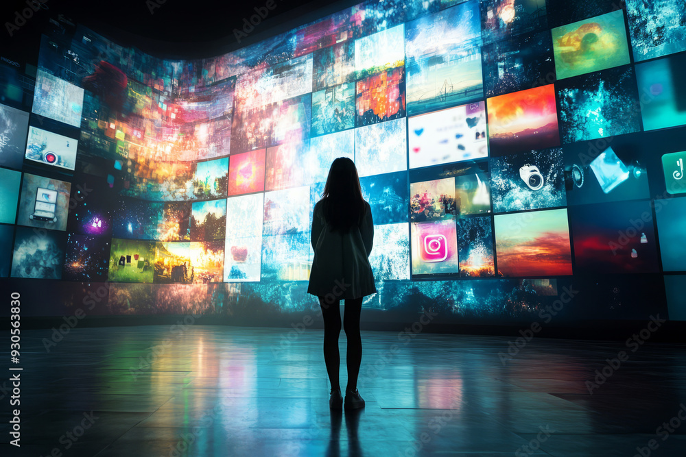 Woman surrounded by digital screens with social media content. Humans ...