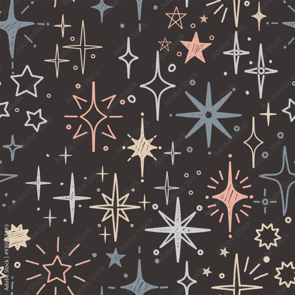 Seamless pattern with and drawn star sparkle shine. Charcoal pen drawn ...