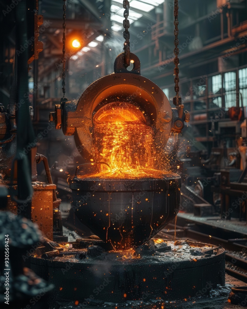 Craftsman handling molten silver in a foundry, intense glow of the ...