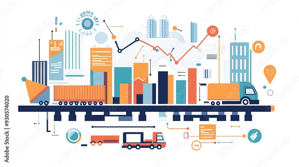 Abstract illustration of a cityscape with trucks, charts, and data ...
