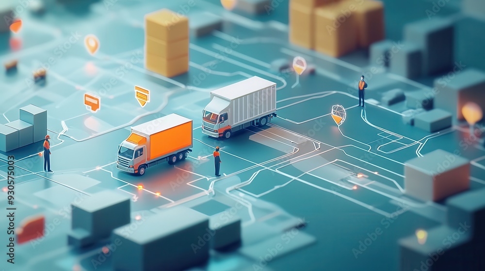Digital logistics concept with trucks and warehouse icons on a ...