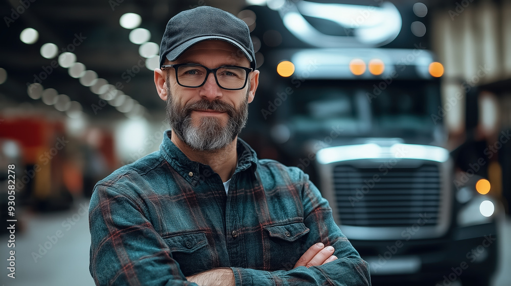 Confident Trucker in Warehouse with Semi Truck, Bearded Man Standing ...