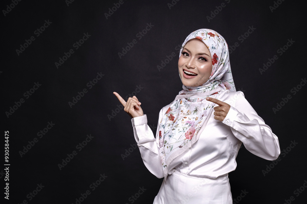 Asian hijab girl in white dress and hijab, give a happy hand gesture ...