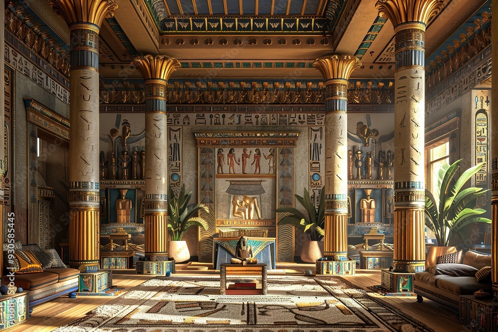 Ancient Egyptian Palace Parlor with hieroglyphics, luxurious ...