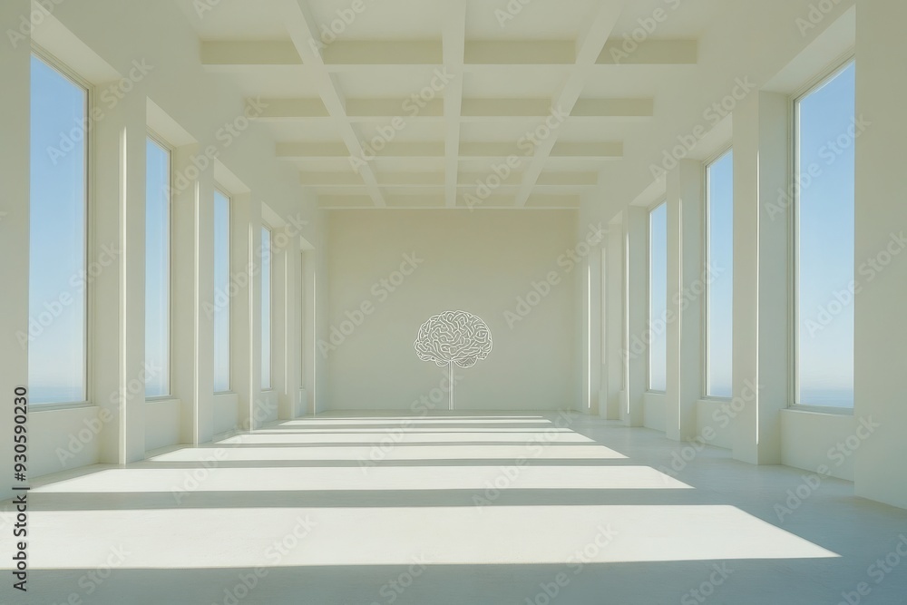 Minimalist white room with symmetrical pillars and soft lighting ...