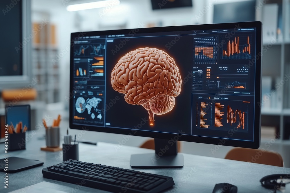 High tech computer monitor displaying a digital brain symbolizing the ...