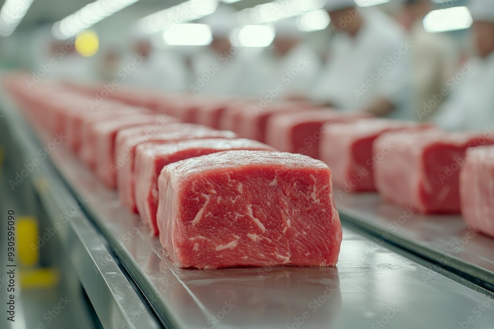Rows of steaks on a conveyor belt in a high tech facility symbolizing ...