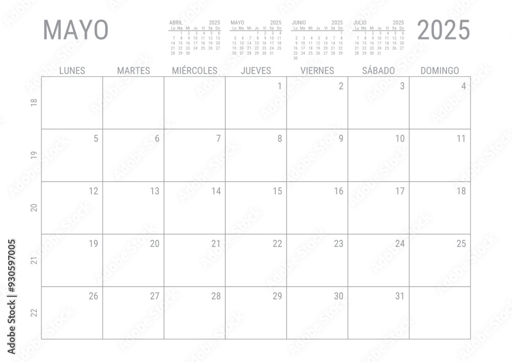 Mayo Calendario 2025 Mensual para imprimir con numero de semanas A4 ...
