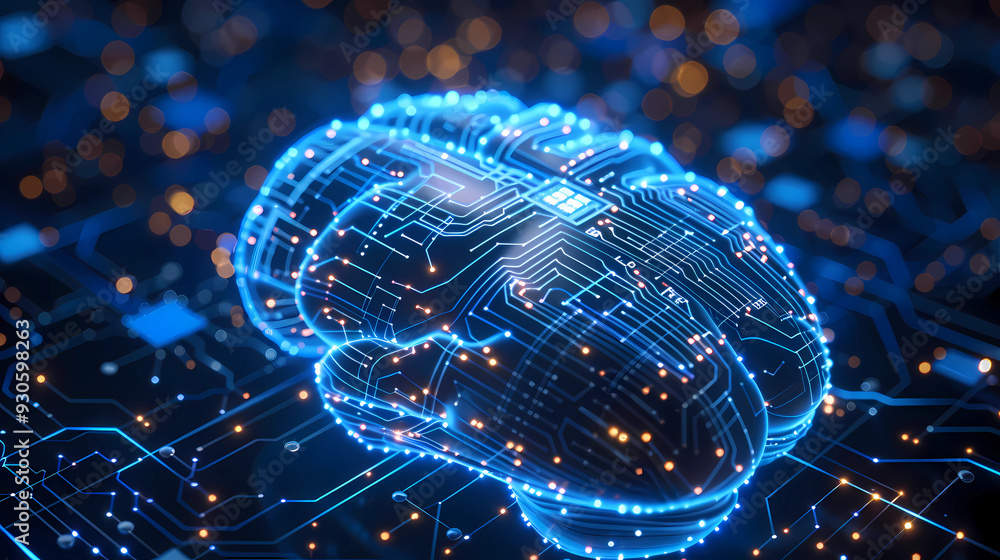 Abstract blue human brain.Digital Brain Connected to Data Center ...