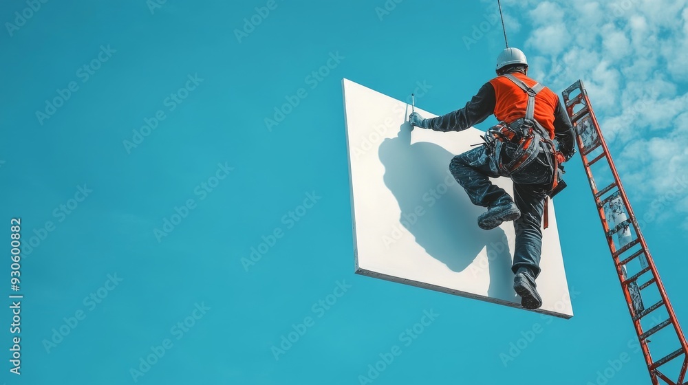Painter hanging from a harness painting a blank street banner. The man ...