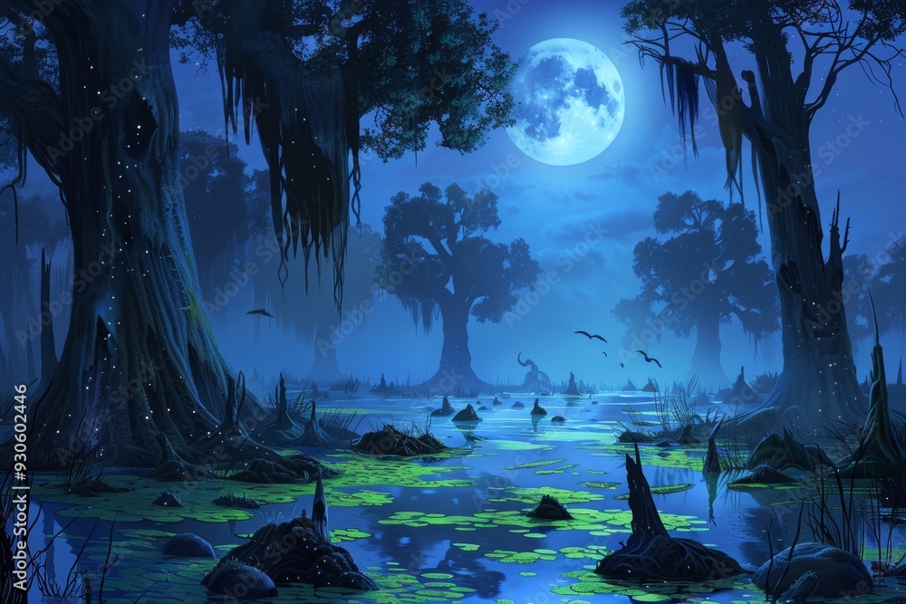 Enchanted Nighttime Swamp Alive with Bioluminescent Plants and ...