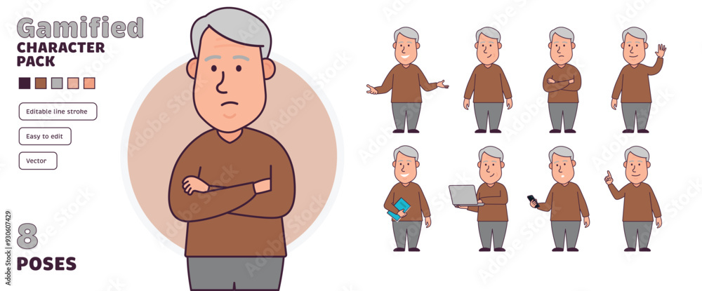 Simple flat gamified old senior male vector character in a set of ...