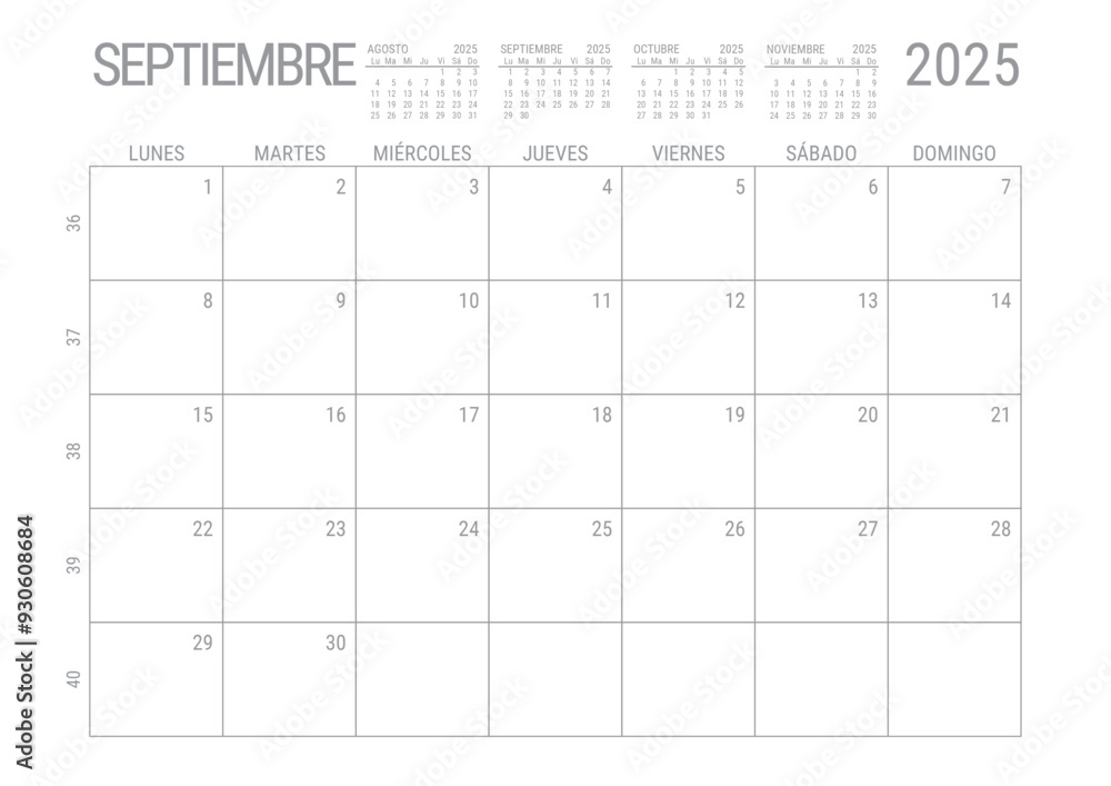 Septiembre Calendario 2025 Mensual para imprimir con numero de semanas ...
