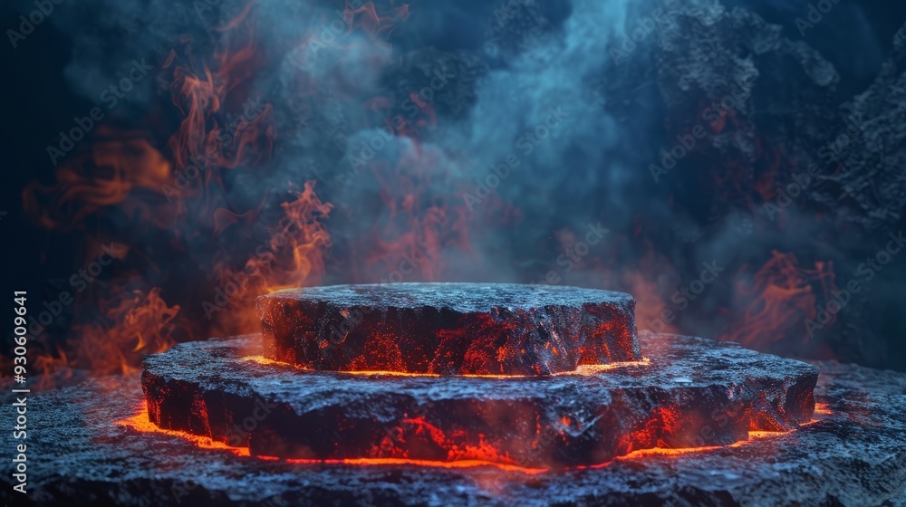 Fire lava podium rock volcano background product magma display 3d scene ...