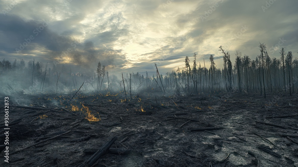Devastated forest area with smoldering ground under a cloudy sky ...