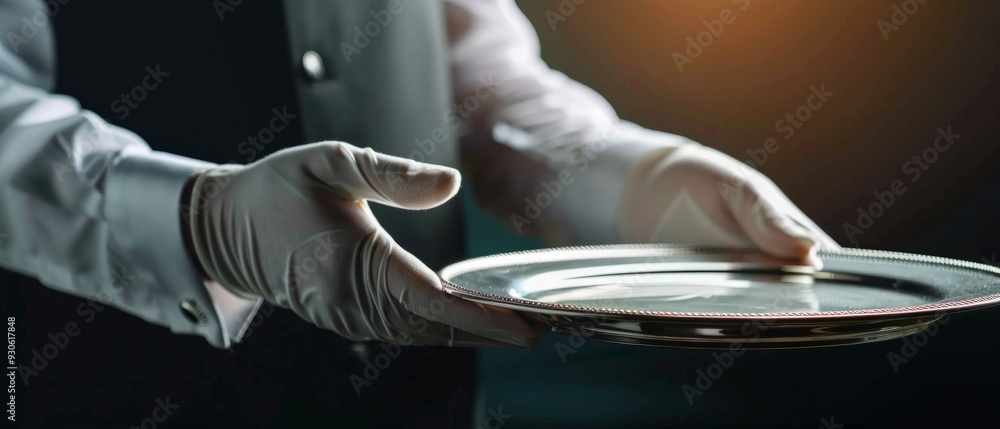 Waiter tray butler hand serve hold plate isolated white man silver ...
