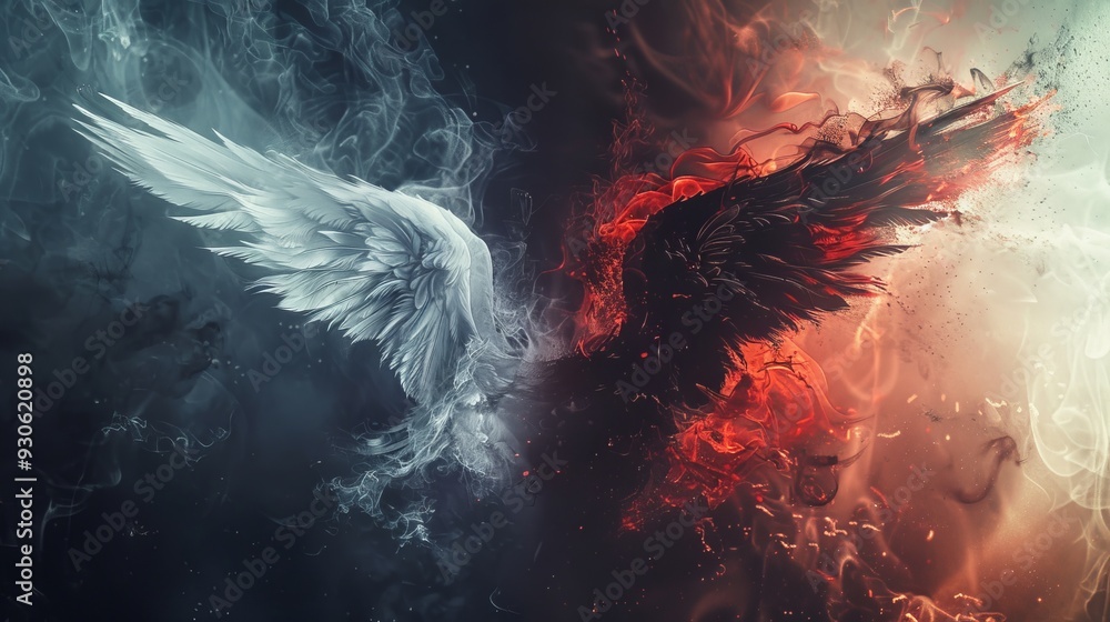Concept art of good versus evil: Radiant white angel wing juxtaposed ...