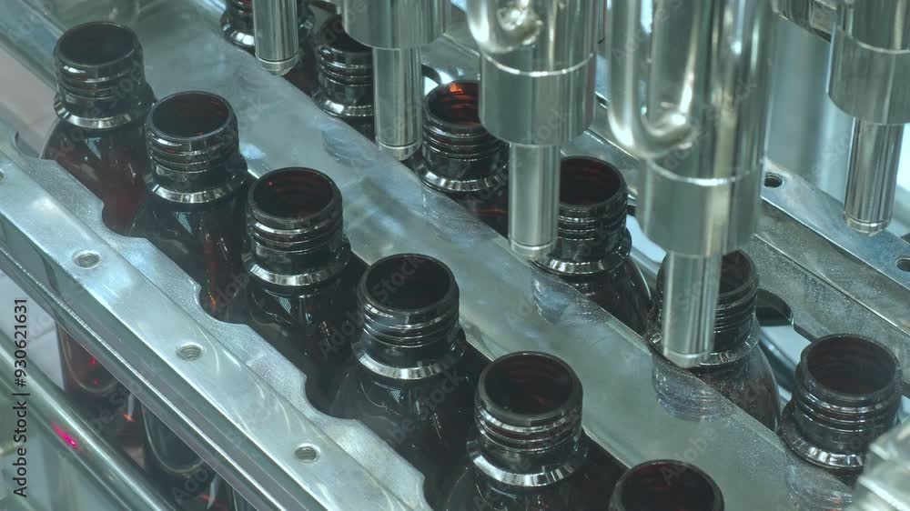 Bottles filling automation machine in modern factory. Technology ...