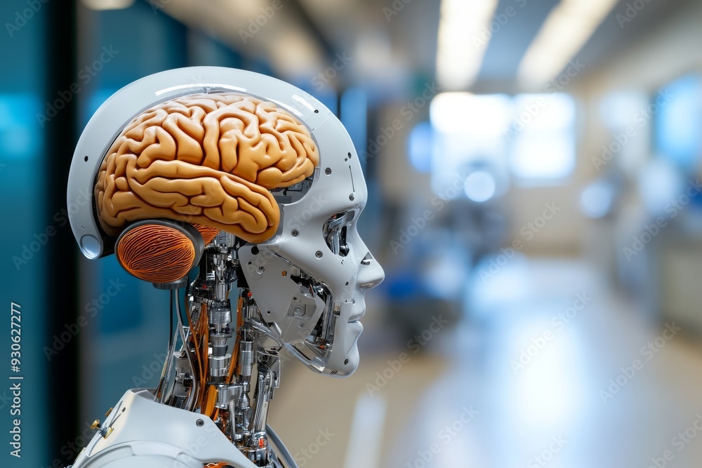 Robotic skull with exposed brain illustrating the intersection of human ...