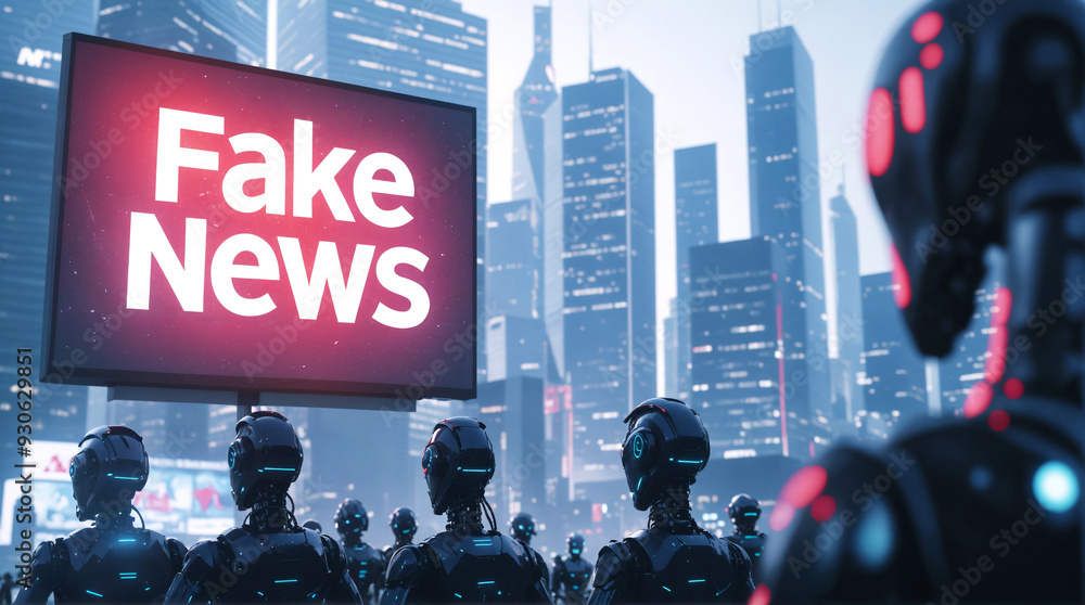 Artificial intelligence, robot watching fake news on tv screen in public place, street ...