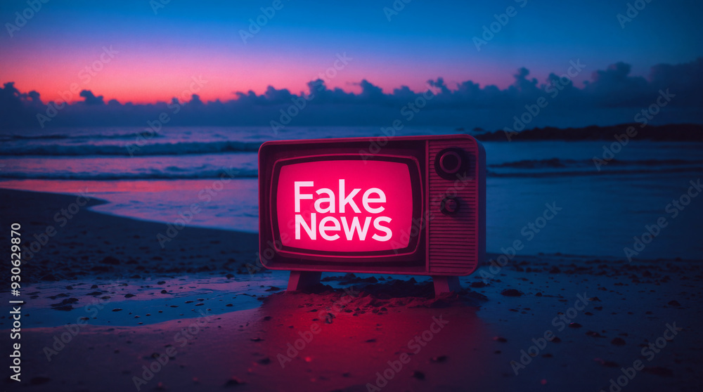 Retro TV with fake news headline standing on beach, next to ocean, sea ...