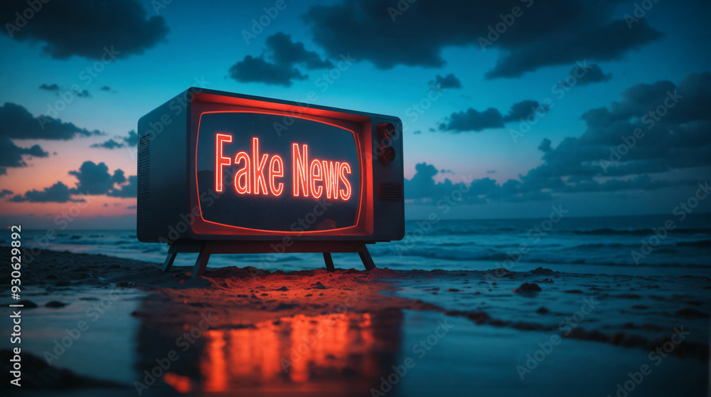 Retro TV with fake news headline standing on beach, next to ocean, sea ...
