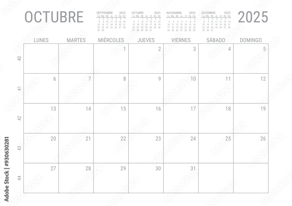 Octubre Calendario 2025 Mensual para imprimir con numero de semanas A4 ...